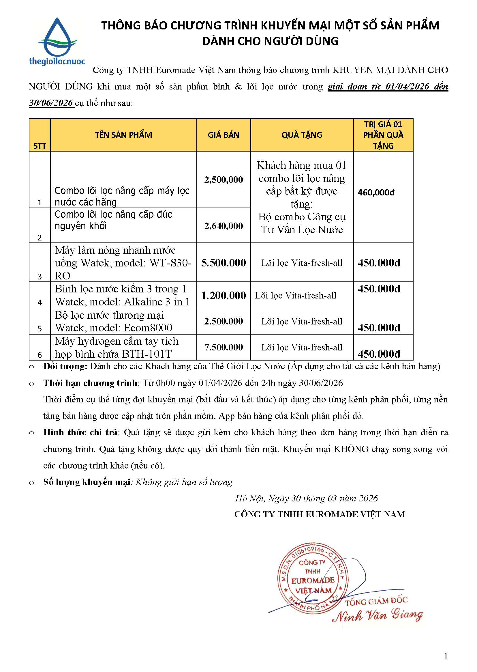 CTKM CÁC SẢN PHẨM PHỄU 01.04.2026 - 30.06.2026 - Thế Giới Lọc Nước